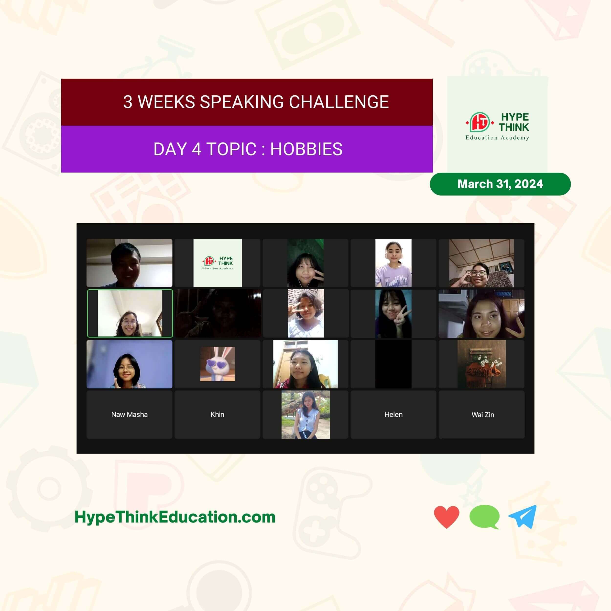 Day 4 Topic : Hobbies "3 weeks Challenge" Speaking Free Club - Hype ...